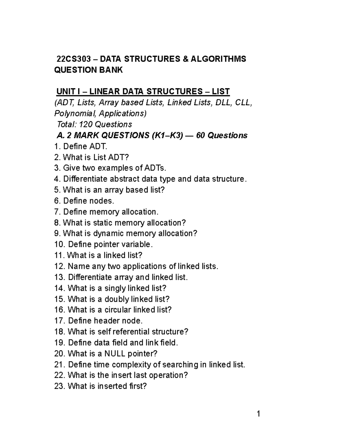 22CS303 DATA STRUCTURES & ALGORITHMS QUESTION BANK: UNIT I & II - Studocu