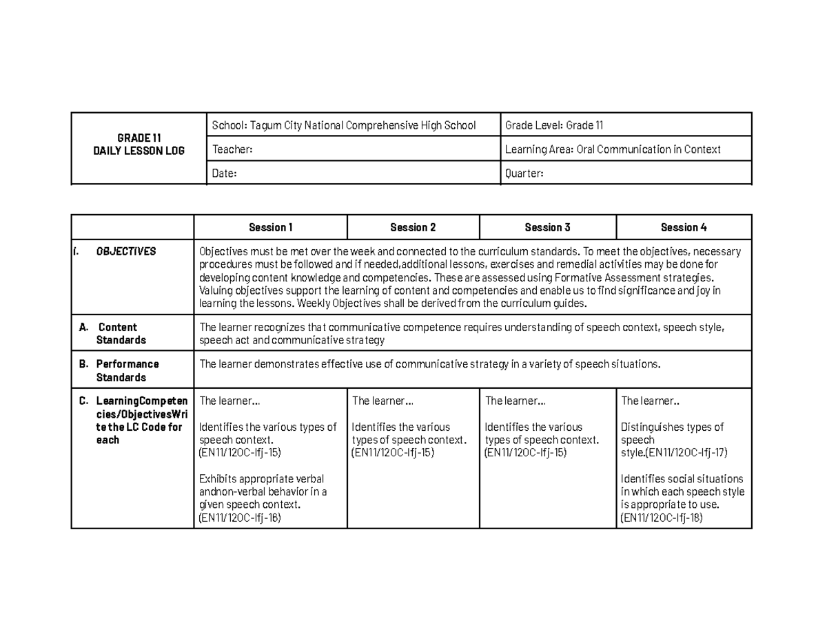 GRADE 11 DAILY LESSON LOG: Oral Communication in Context - Studocu