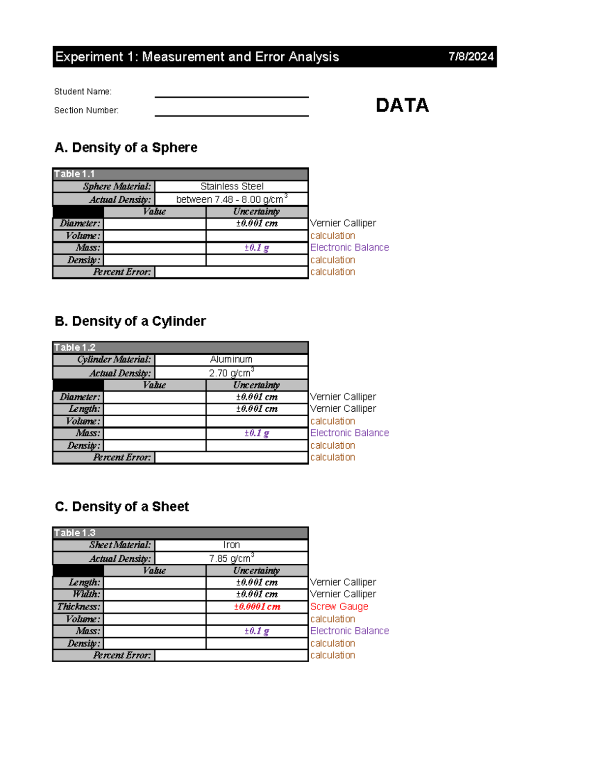 Lab 1 Report: Measurement & Error Analysis of Density - Studocu