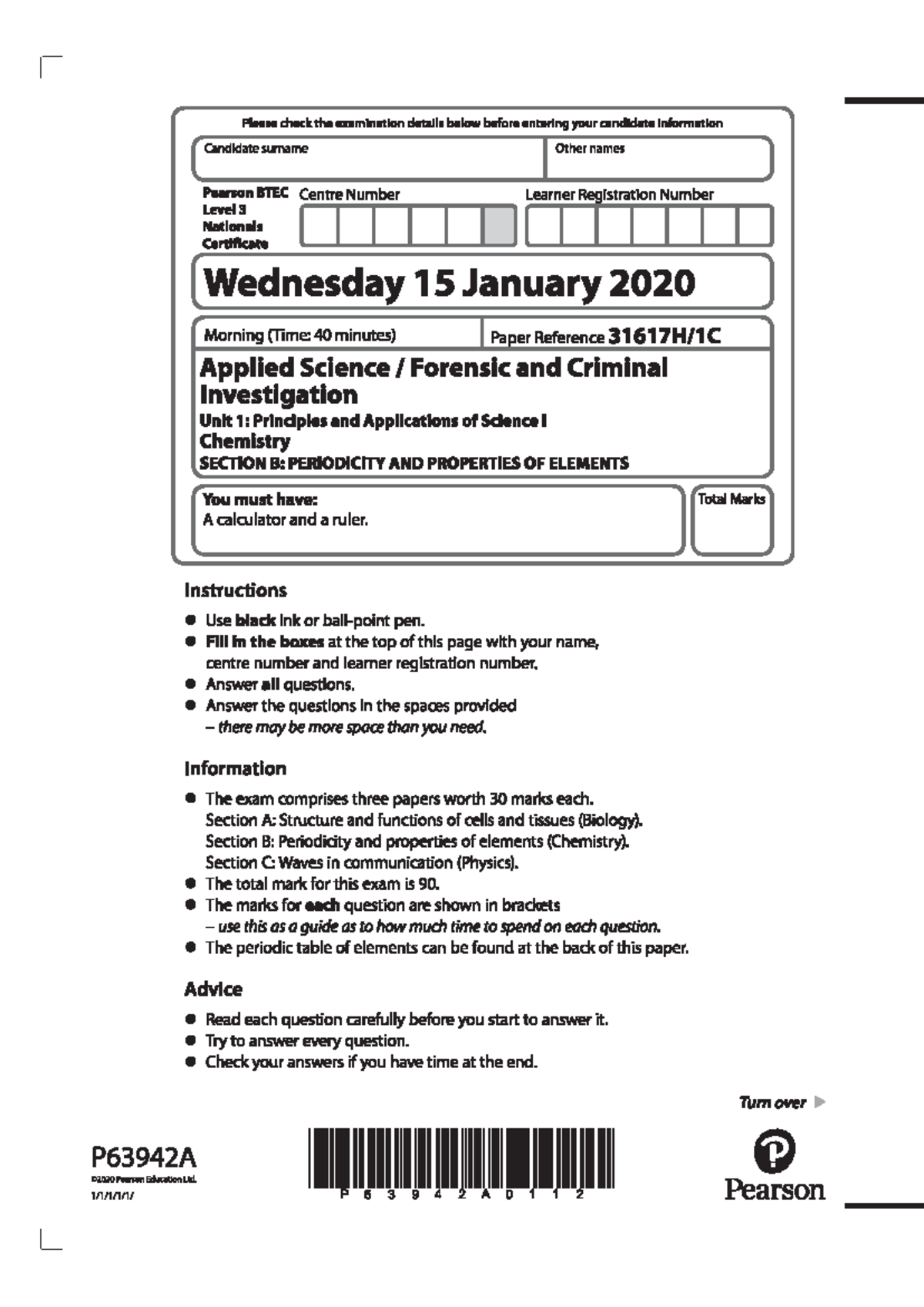 BTEC Level 3 Applied Science Unit 1 Exam Paper - January 2020 - Studocu
