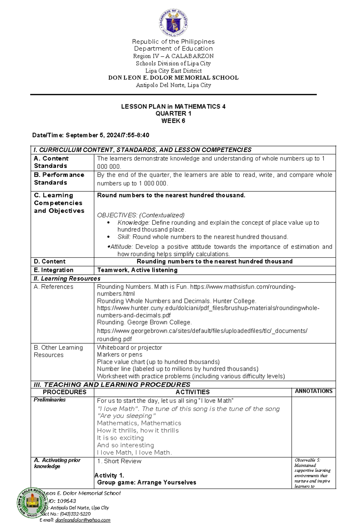 COT-MATH Lesson Plan: Rounding Whole Numbers to 100,000 (Quarter 1 ...