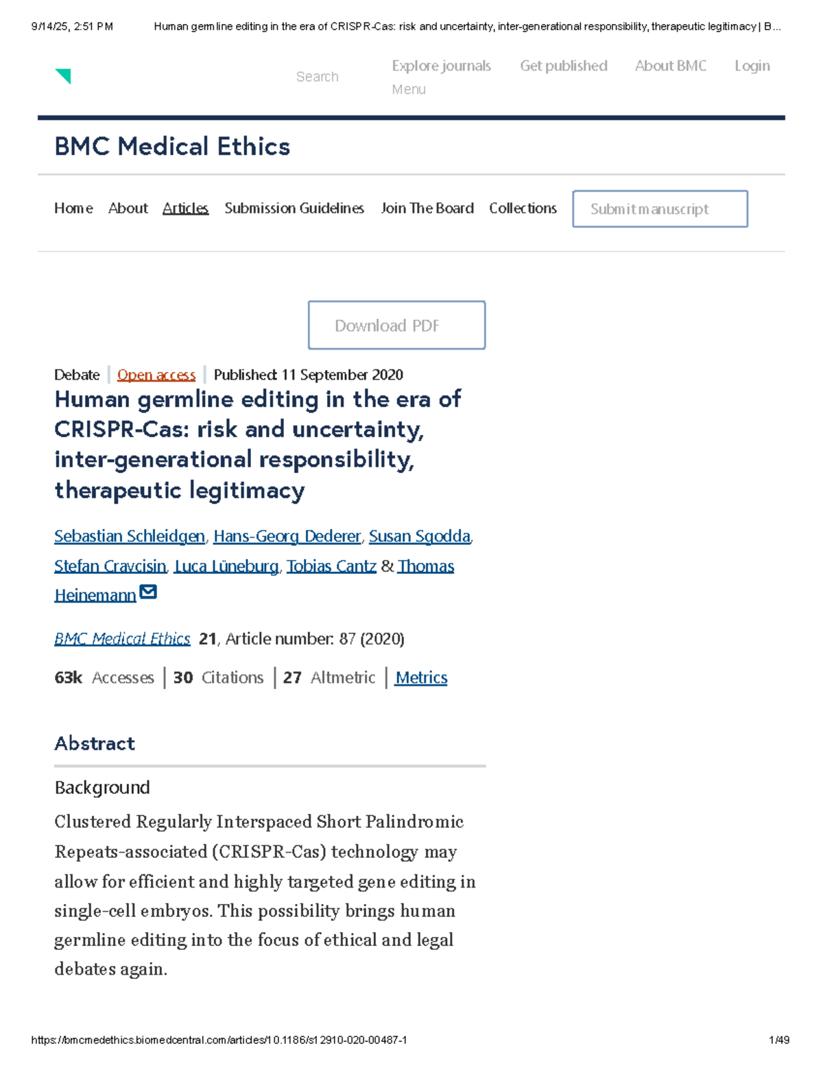 Human Germline Editing & CRISPR-Cas: Ethical and Legal Perspectives ...