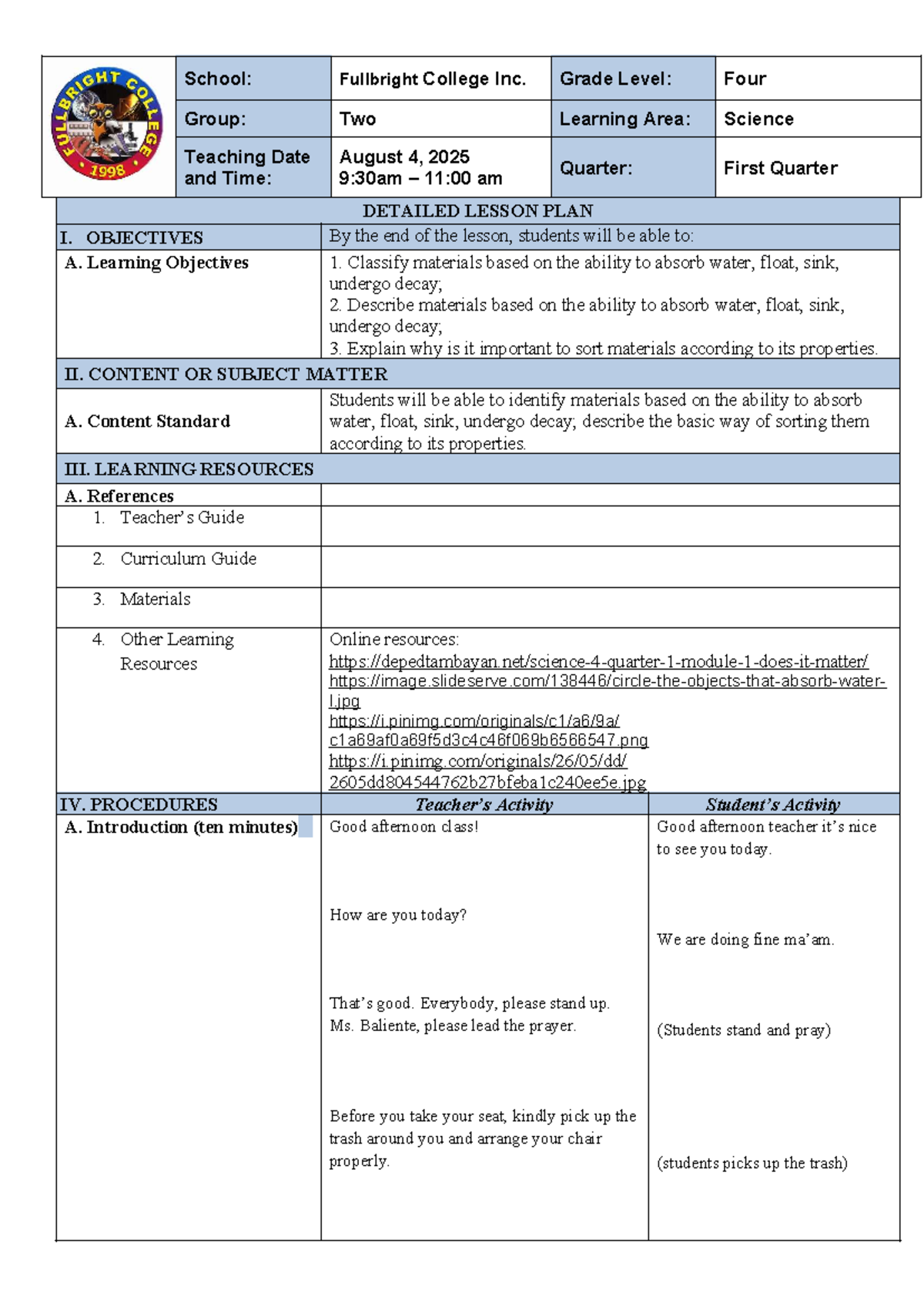 Grade 4 Science Lesson Plan: Materials That Absorb, Float, and Sink ...