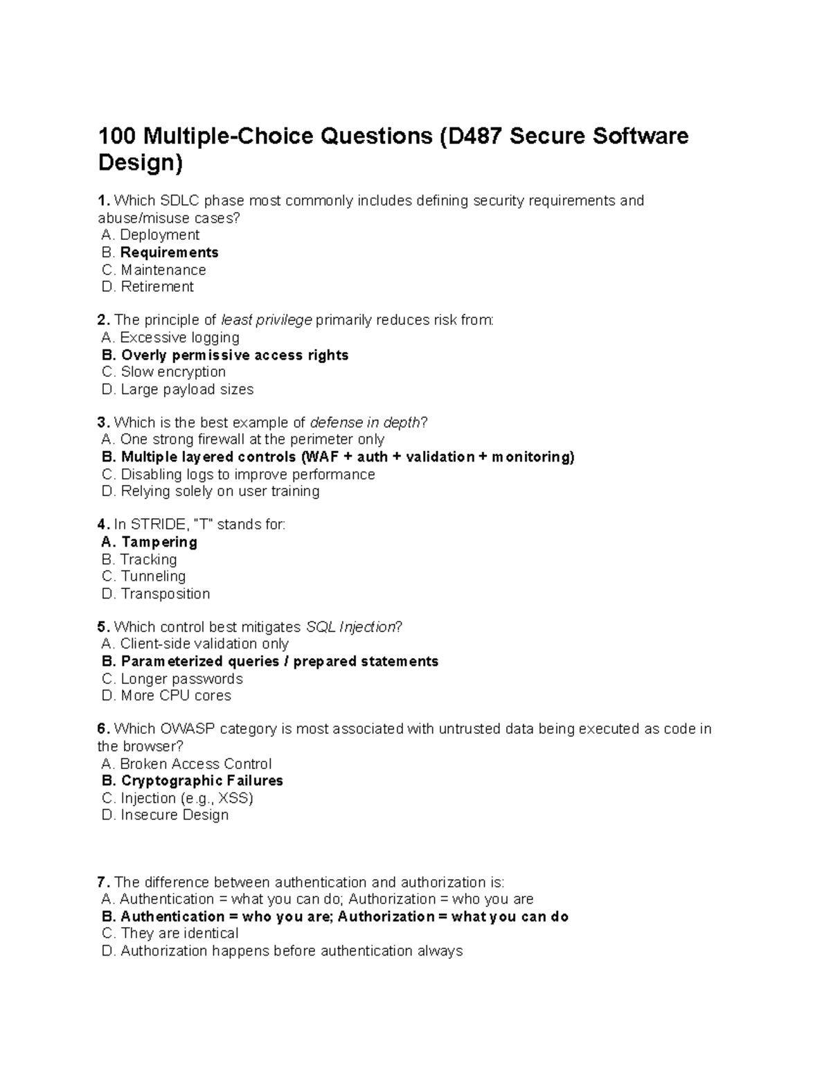 D487 Practice Exam - 100 Questions on Secure Software Design - Studocu