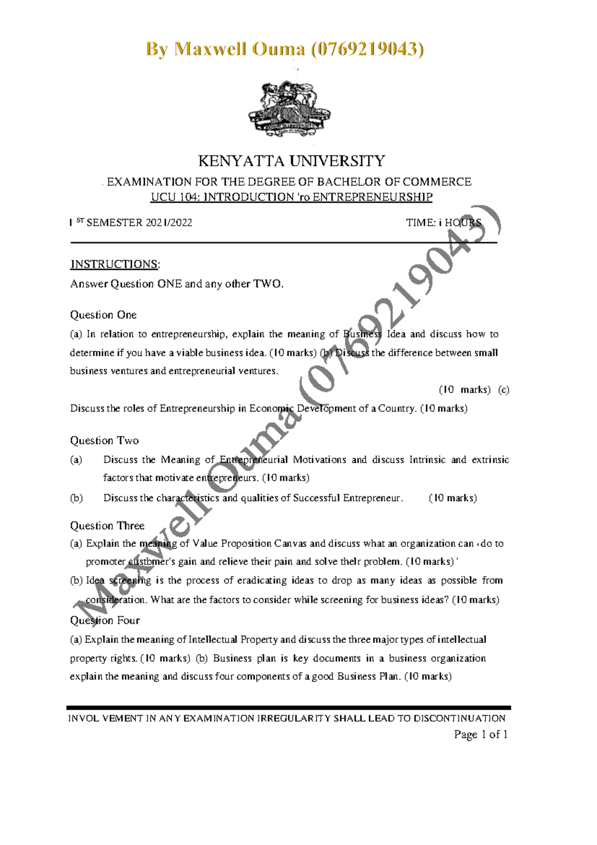 UCU 104: Introduction to Entrepreneurship Exam Notes - Studocu