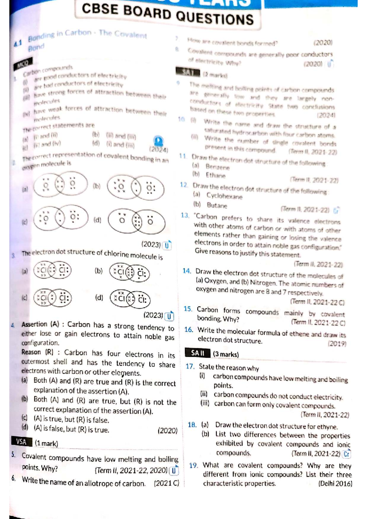 CBSE BOARD QUESTIONS: Bonding in Carbon and Covalent Compounds - Studocu