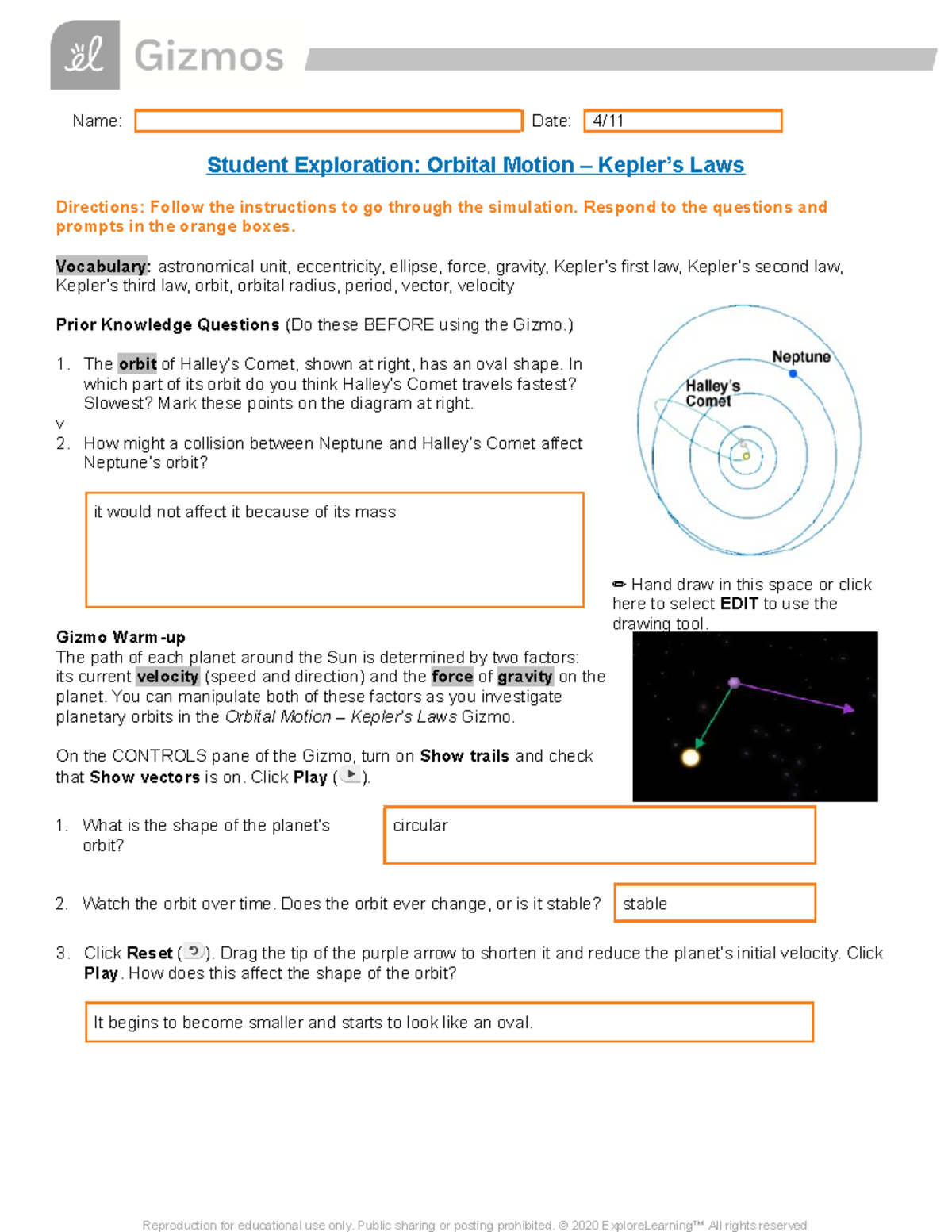 Student Exploration: Gizmo - Kepler's Laws of Orbital Motion - Studocu