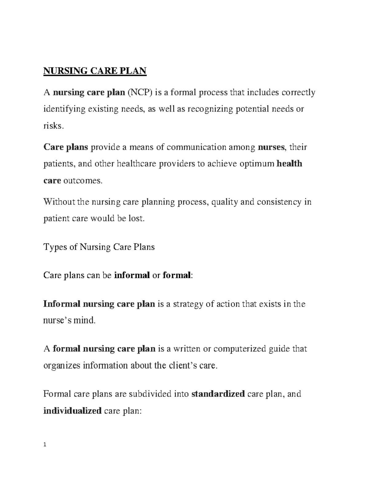 Nursing Care Plan Overview and Components (NUR 101) - Studocu