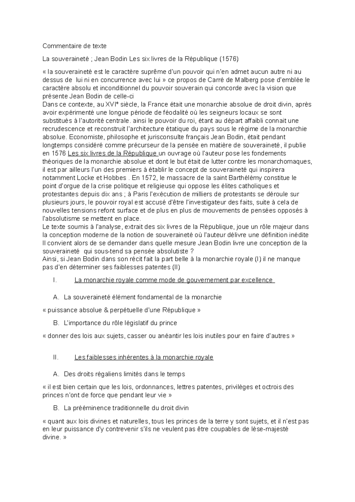 Commentaire bodin IHD - Commentaire de texte La souveraineté ; Jean ...