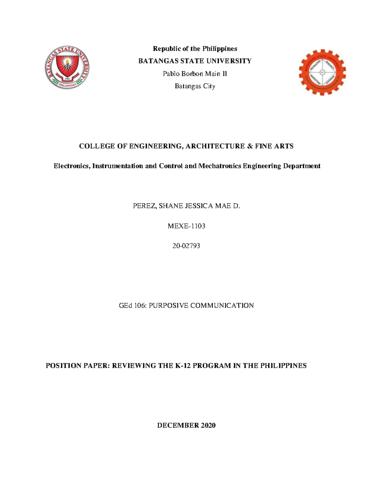 Position Paper: Evaluating the K-12 Program in the Philippines (GEd 106 ...