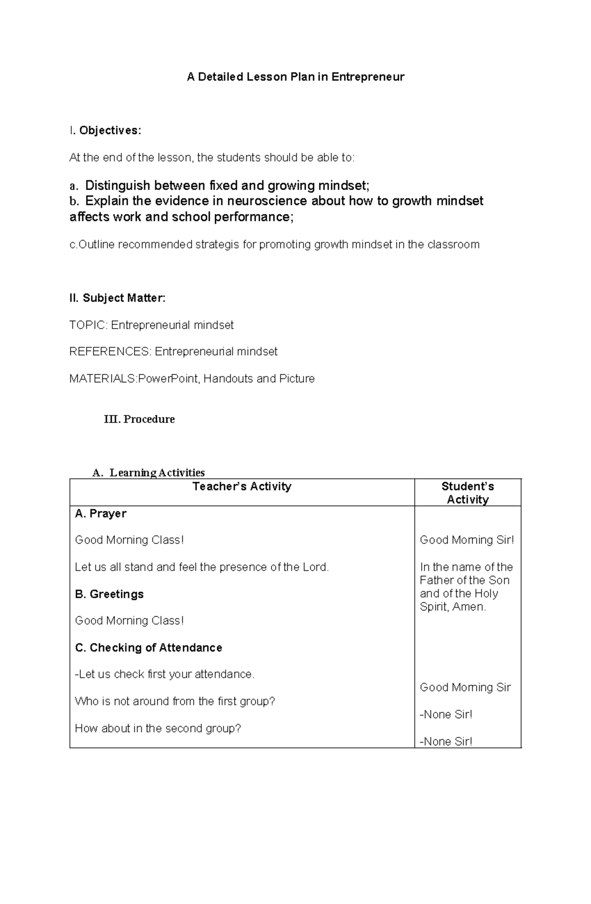 Detailed Lesson Plan: Entrepreneur I - Growth Mindset Strategies - Studocu