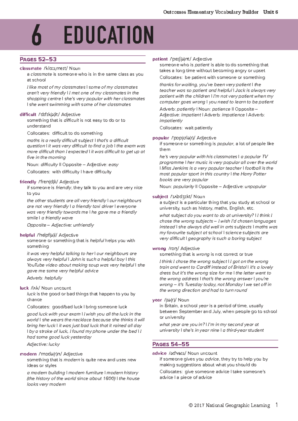 Unit 6 Vocabulary Builder for Elementary Outcomes - Studocu