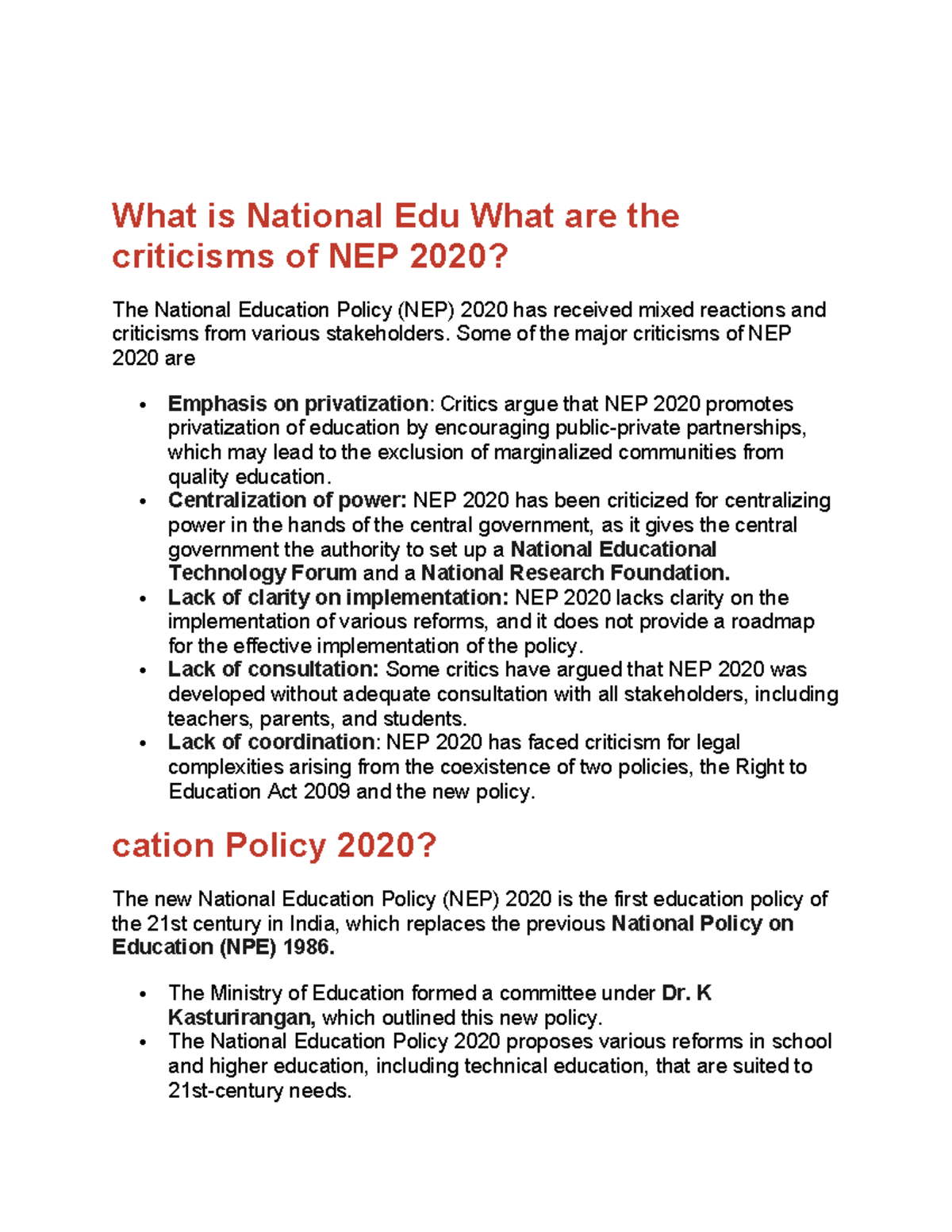 Report on NEP 2020: Criticisms and Key Initiatives - Studocu