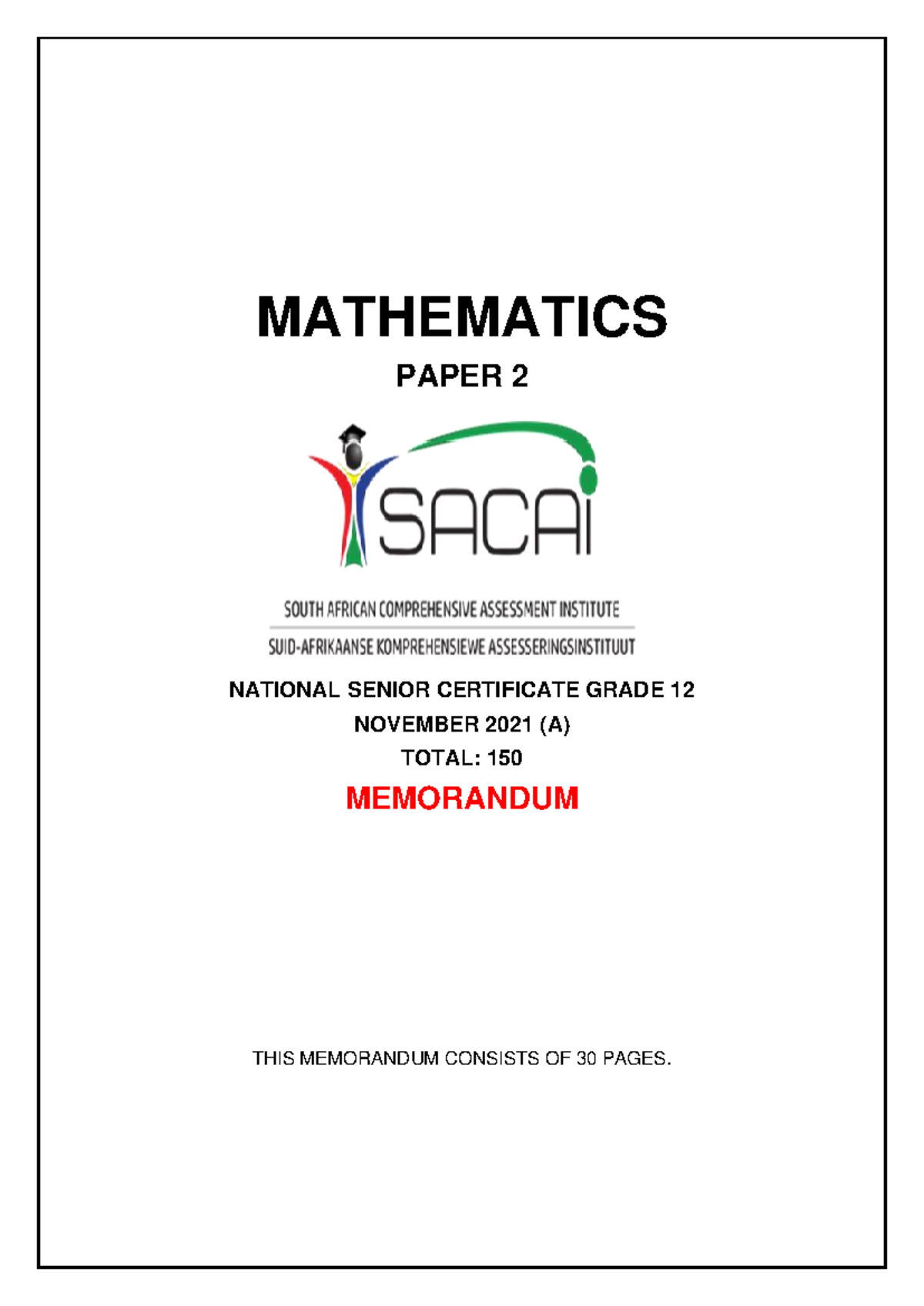 Maths P2 NOV 2021: Memorandum for National Senior Certificate Paper 2 ...