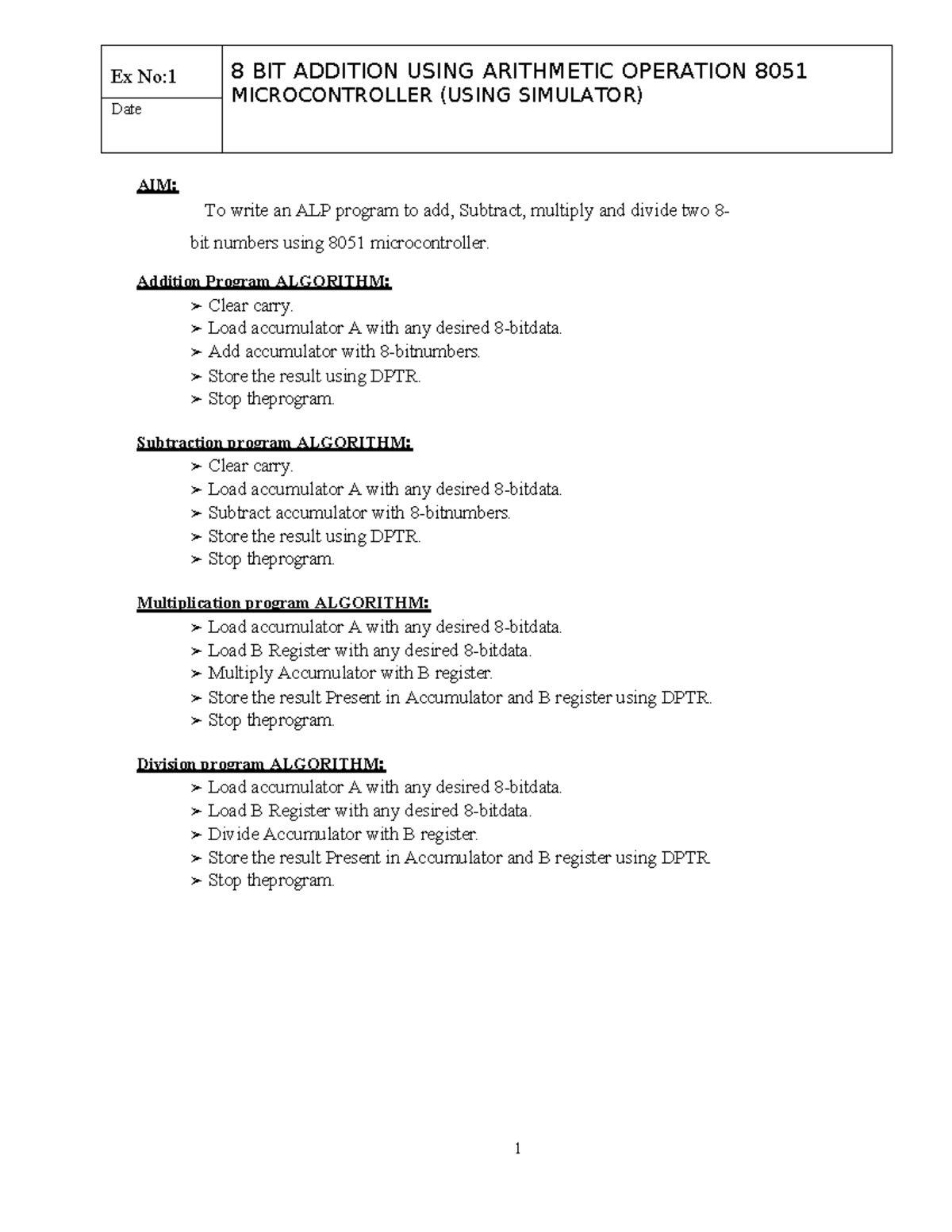 8051 Microcontroller Lab Manual: ALP for Basic Arithmetic Operations - Studocu
