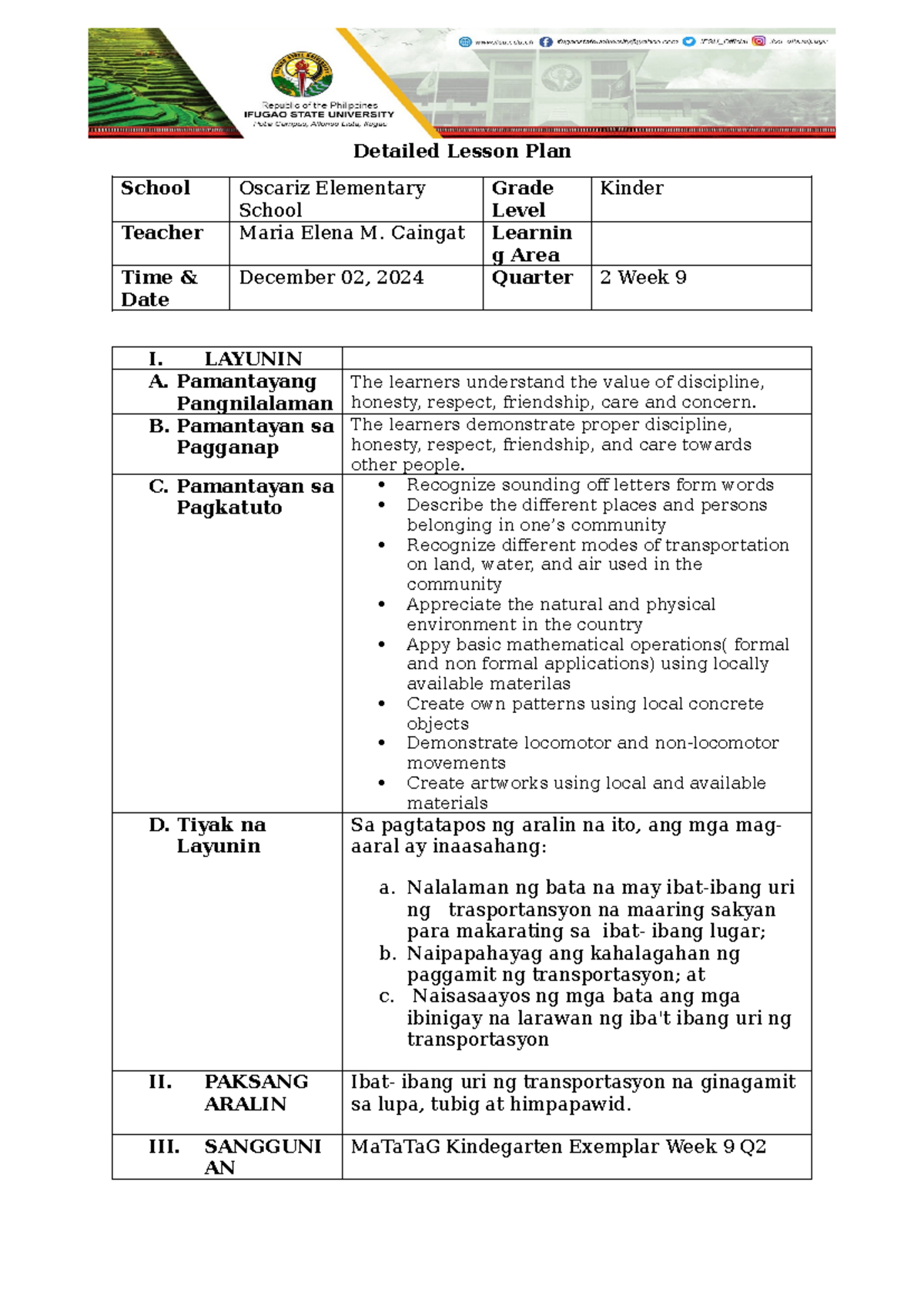 DLP Kinder 2 - Aralin sa Ibat-Ibang Uri ng Transportasyon - Studocu