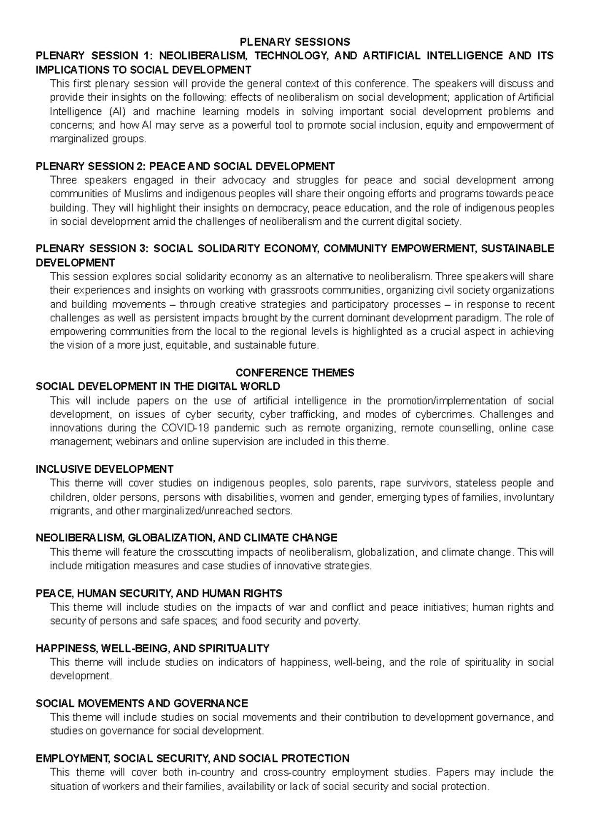 Panel 13 (Inclusive Development) - PLENARY SESSIONS PLENARY SESSION 1 ...