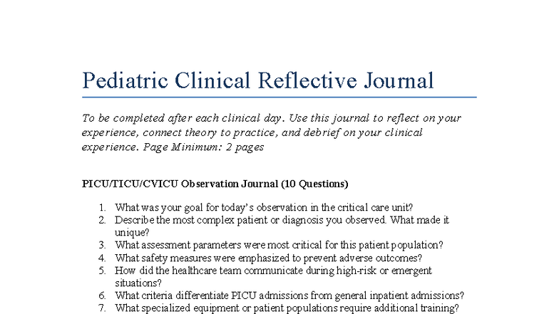 Pediatric Observation Journal: Clinical Reflections & Insights - Studocu