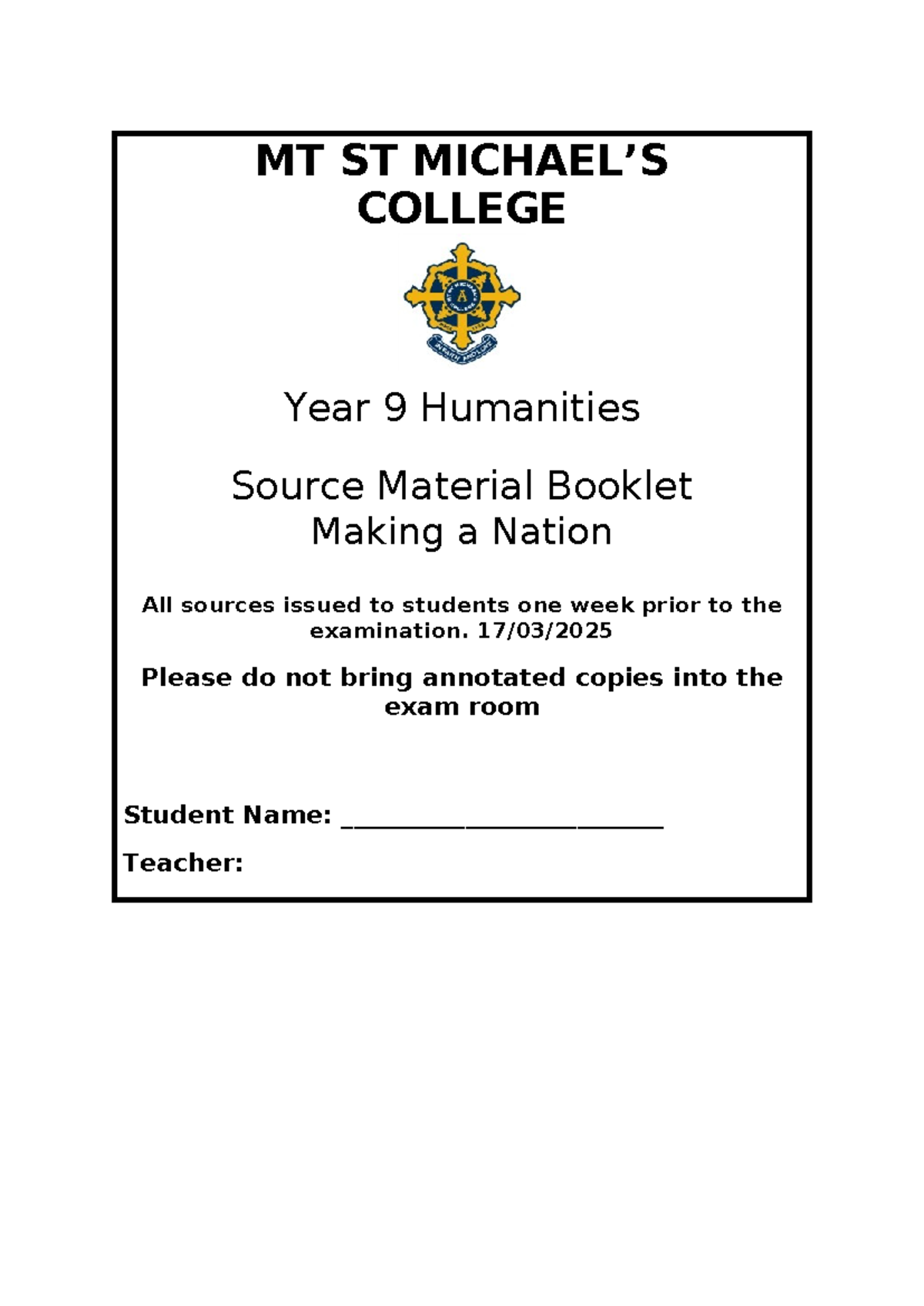 Making a Nation: Year 9 Humanities Exam Source Material Booklet - Studocu