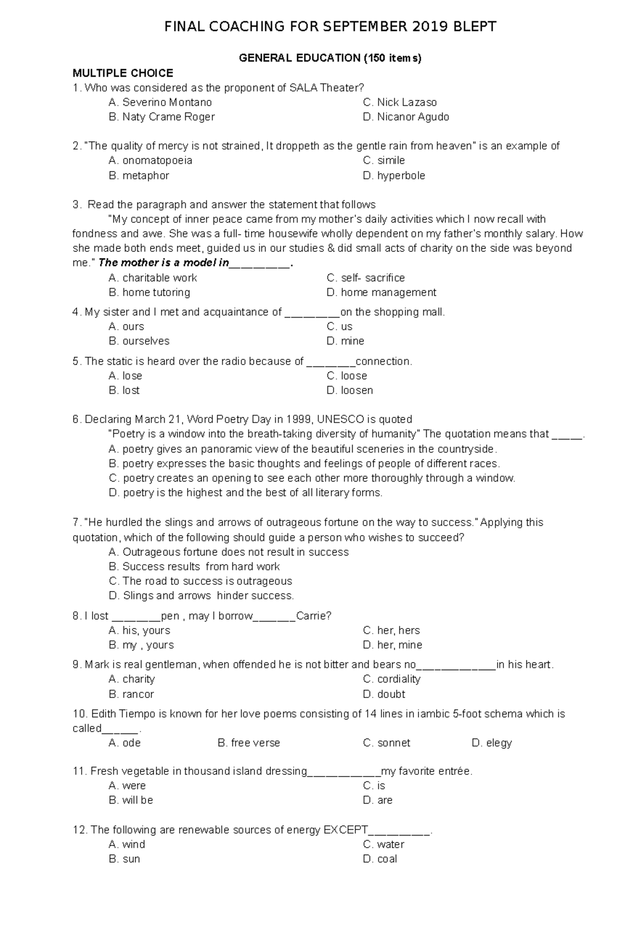 LET Exam Review: Prof Ed Questions for September 2019 BLEPT - Studocu