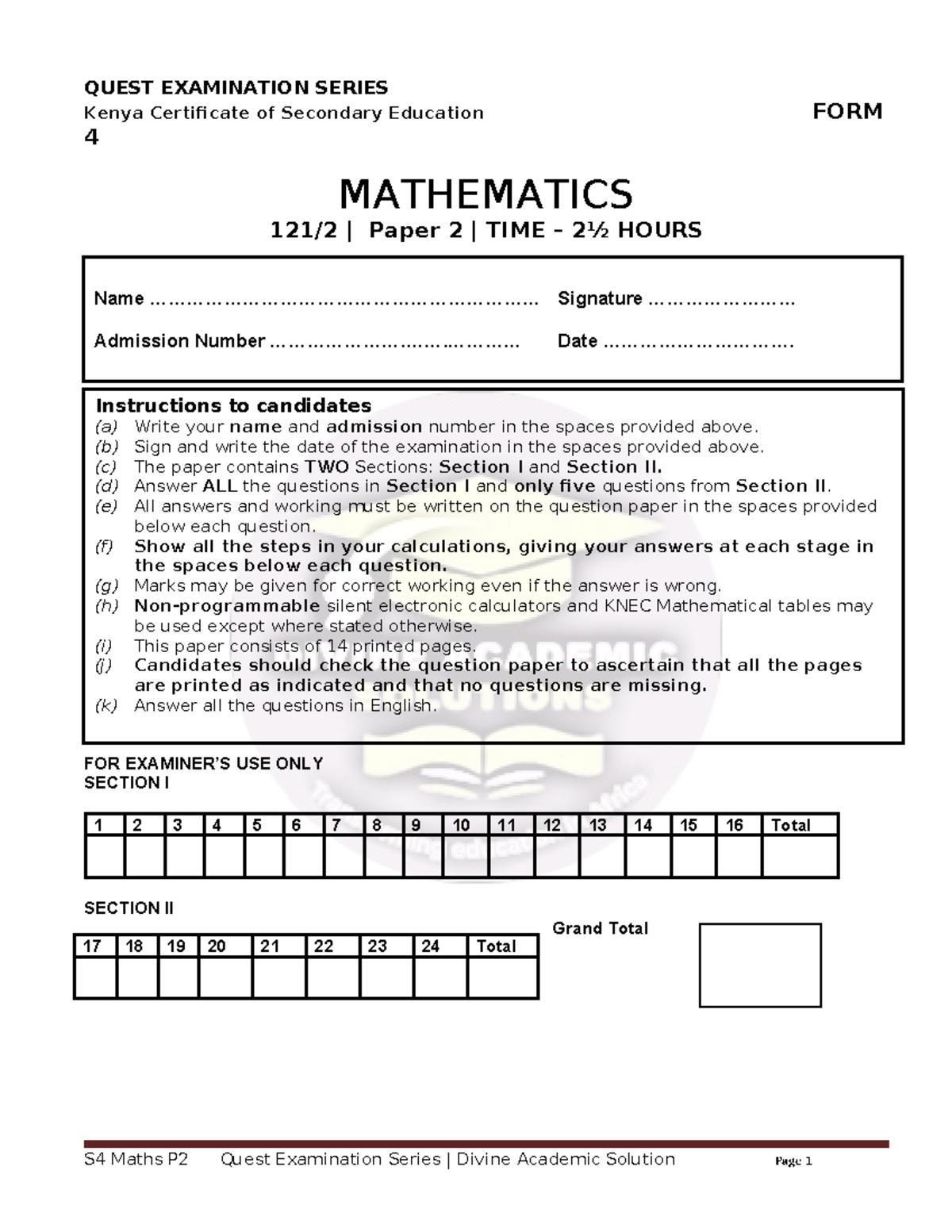 F4 Maths P2 Exam Questions - KCSE Paper 1 & 2 - Studocu