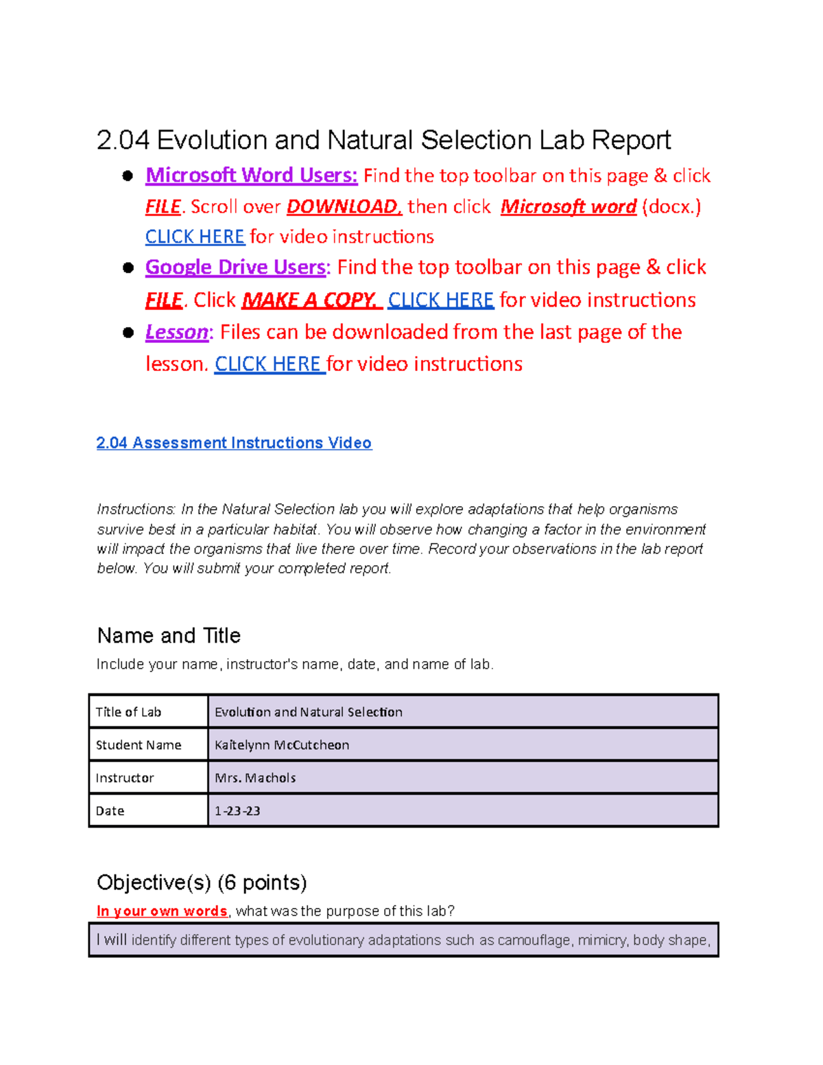 Copy of 2.04 Evolution and Natural Selection Lab Report - 2 Evolution ...