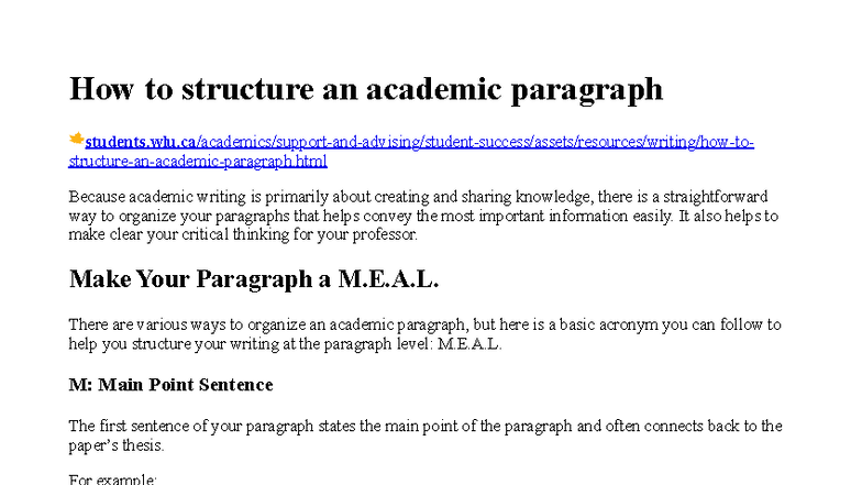 WLU Academic Writing: Structuring Paragraphs with M.E.A.L. - Studocu