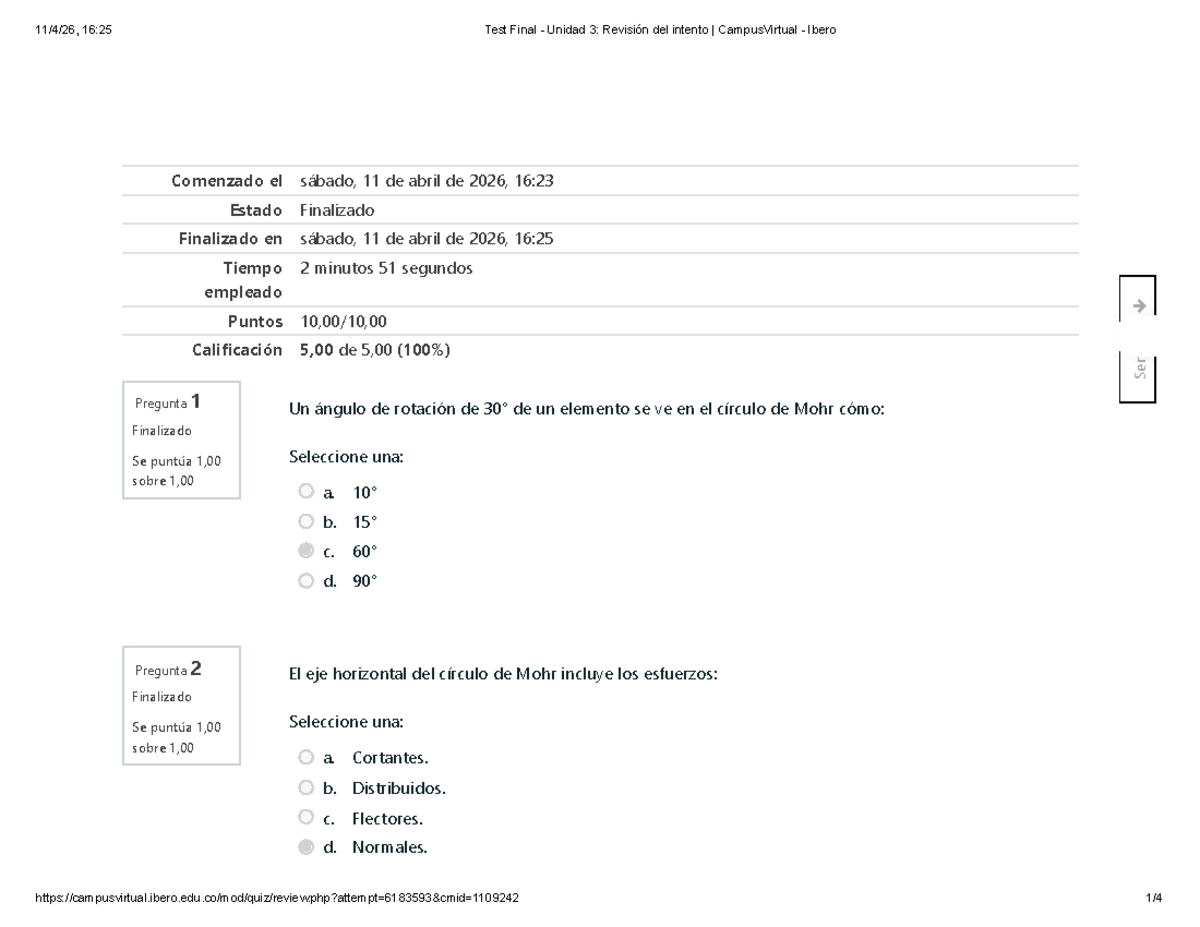Test Final 16:25 Unidad 3: Revisión del Intento - Campus Virtual Ibero ...