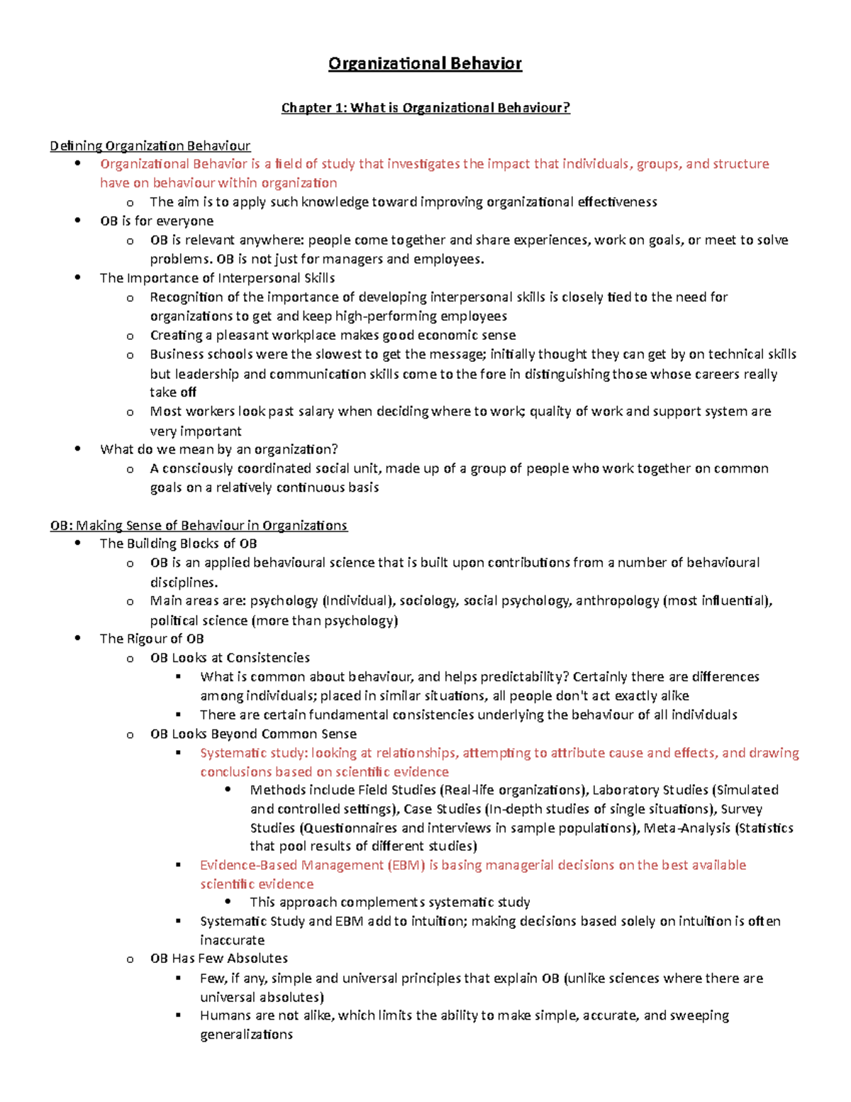 Organizational Behavior Chapter Notes: Key Concepts and Applications ...