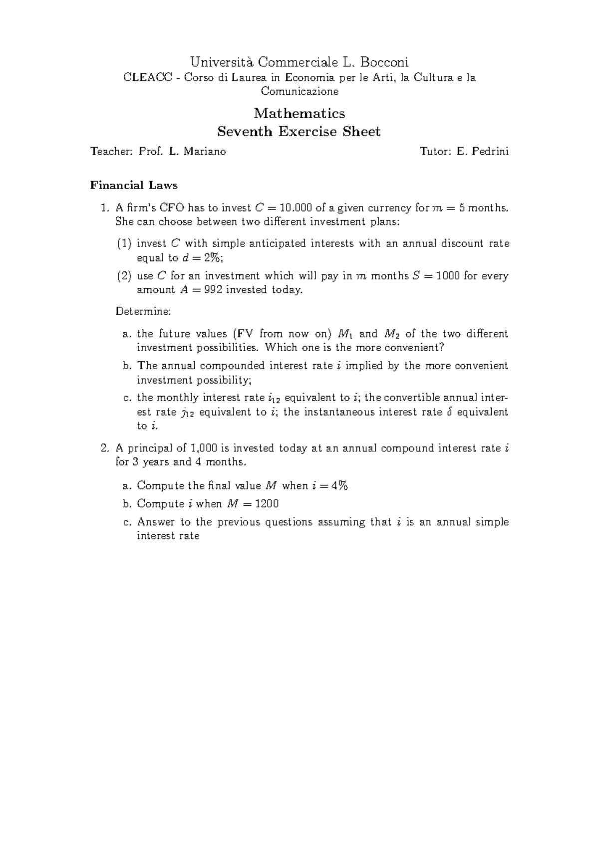 Mathematics Exercise Sheet 07 - CLEACC Course at Bocconi - Studocu