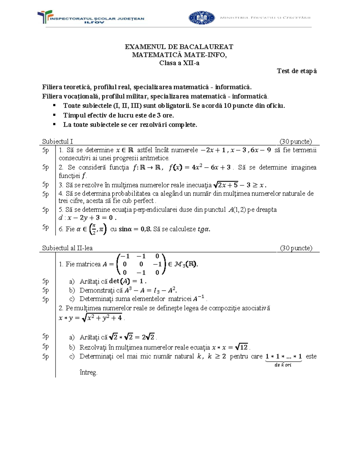 XII-MATE INFO Test de Etapă - Bacalaureat Matematică 2023 - Studocu