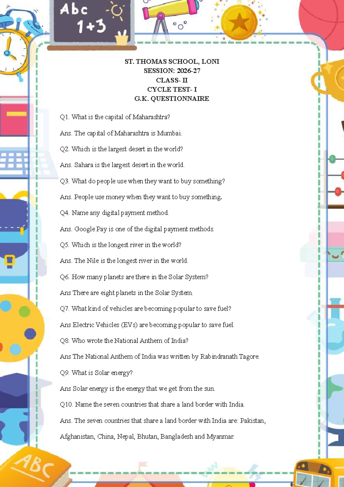 CT 1 G - General Knowledge Questionnaire for Grade 2 Students - Studocu