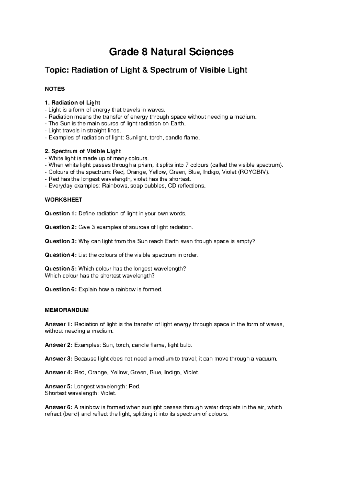 Grade 8 Natural Sciences: Light Radiation & Visible Spectrum Notes ...