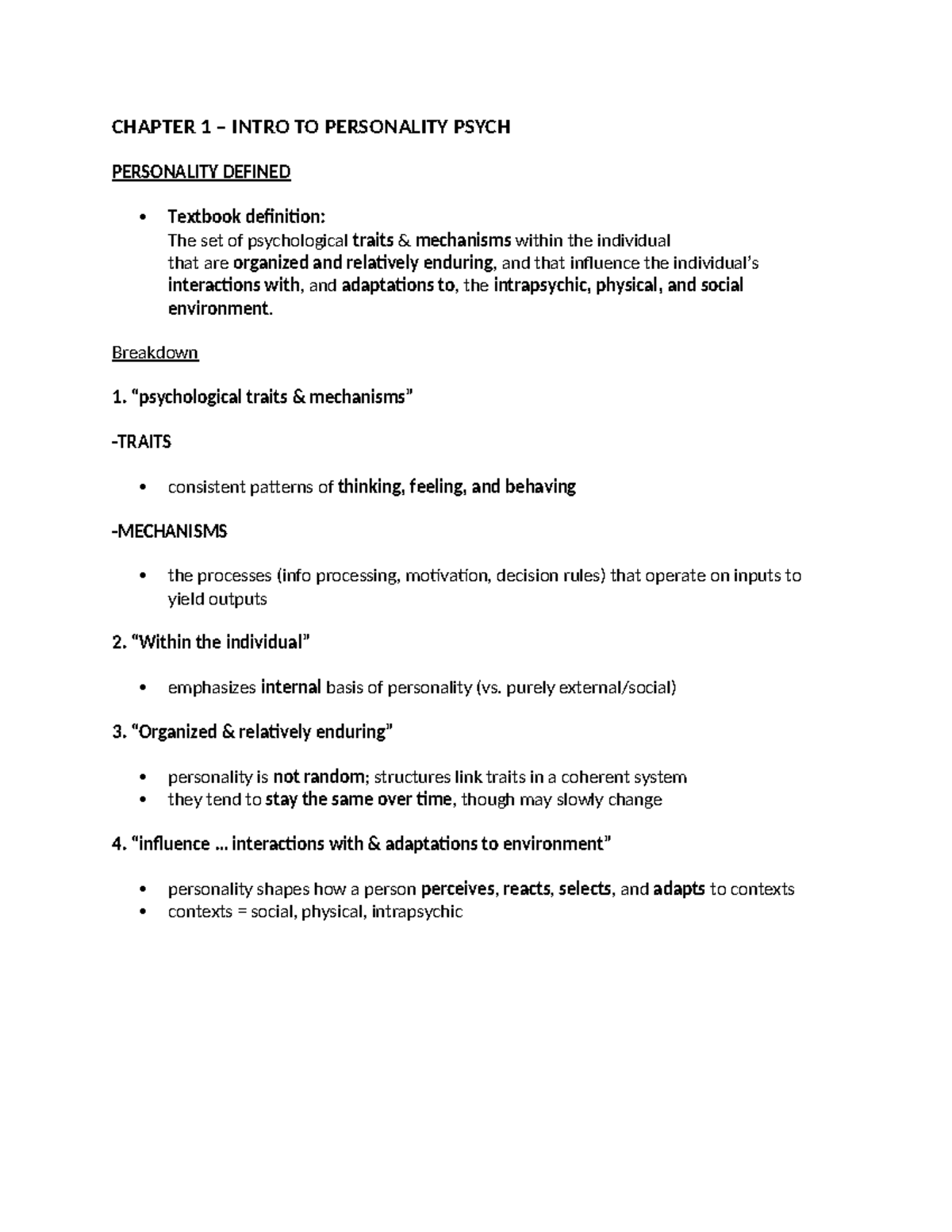 Full Personality Psych (PSY 301) Final Exam Notes: Key Concepts ...