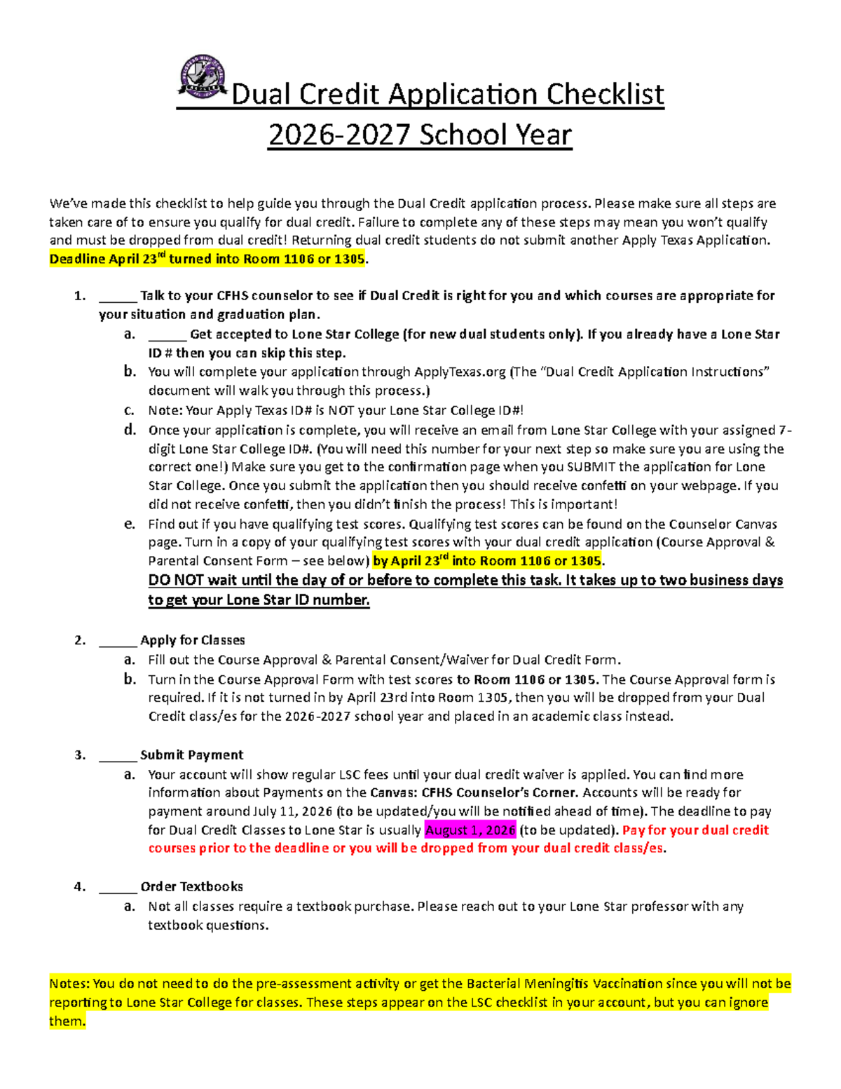 2026-2027 Dual Credit Application Checklist and Guidelines - Studocu