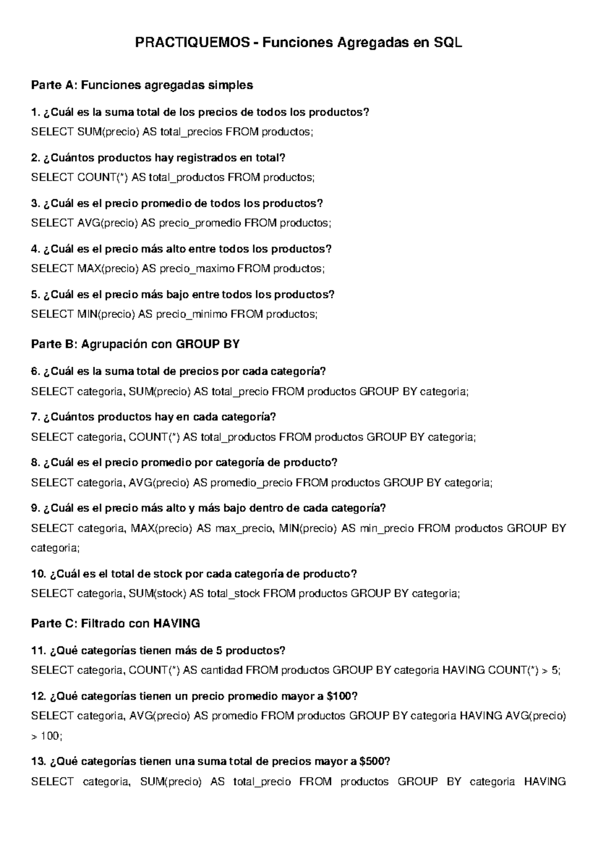 PRACTIQUEMOS SQL: Funciones Agregadas y Agrupación - Studocu