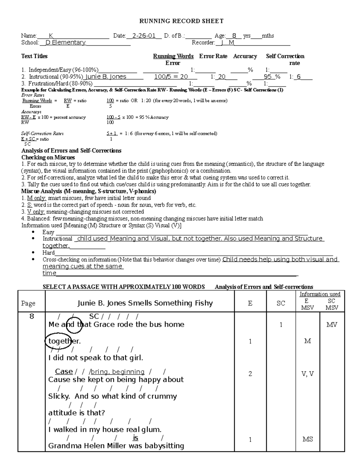 Example Running Record Junie B. Jones - RUNNING RECORD SHEET Name:K ...
