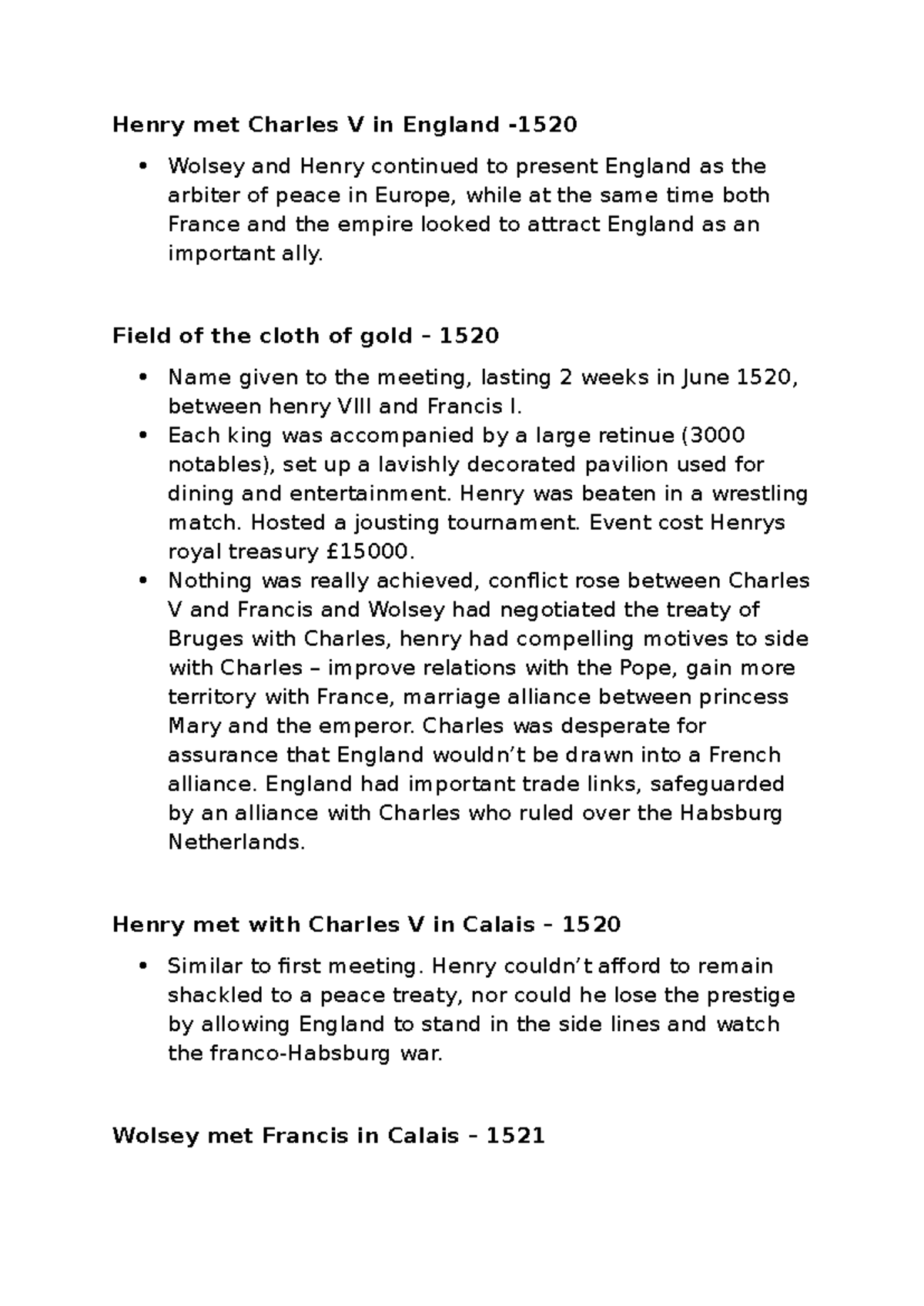 Henry VIII's Diplomatic Meetings: Notes on 1520-1521 Events - Studocu