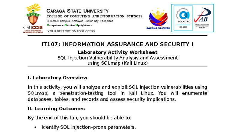 IT107: Lab Activity Worksheet on SQL Injection Analysis with SQLmap ...