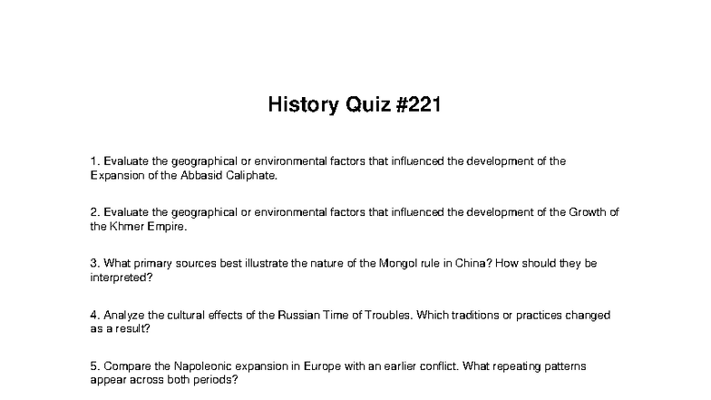 History Quiz 221: Key Factors in Historical Empires and Events - Studocu