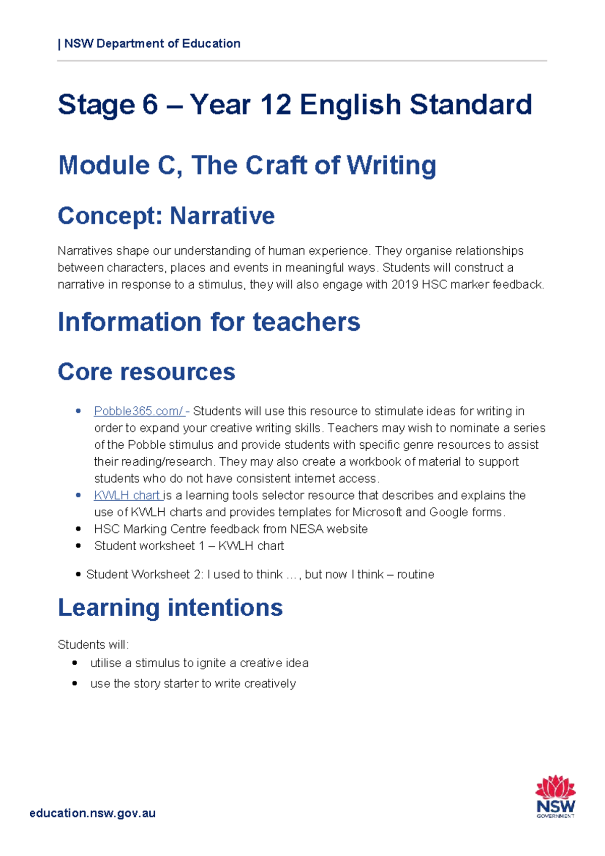 NSW Stage 6 English Standard Module C: Craft of Writing Unit Overview ...