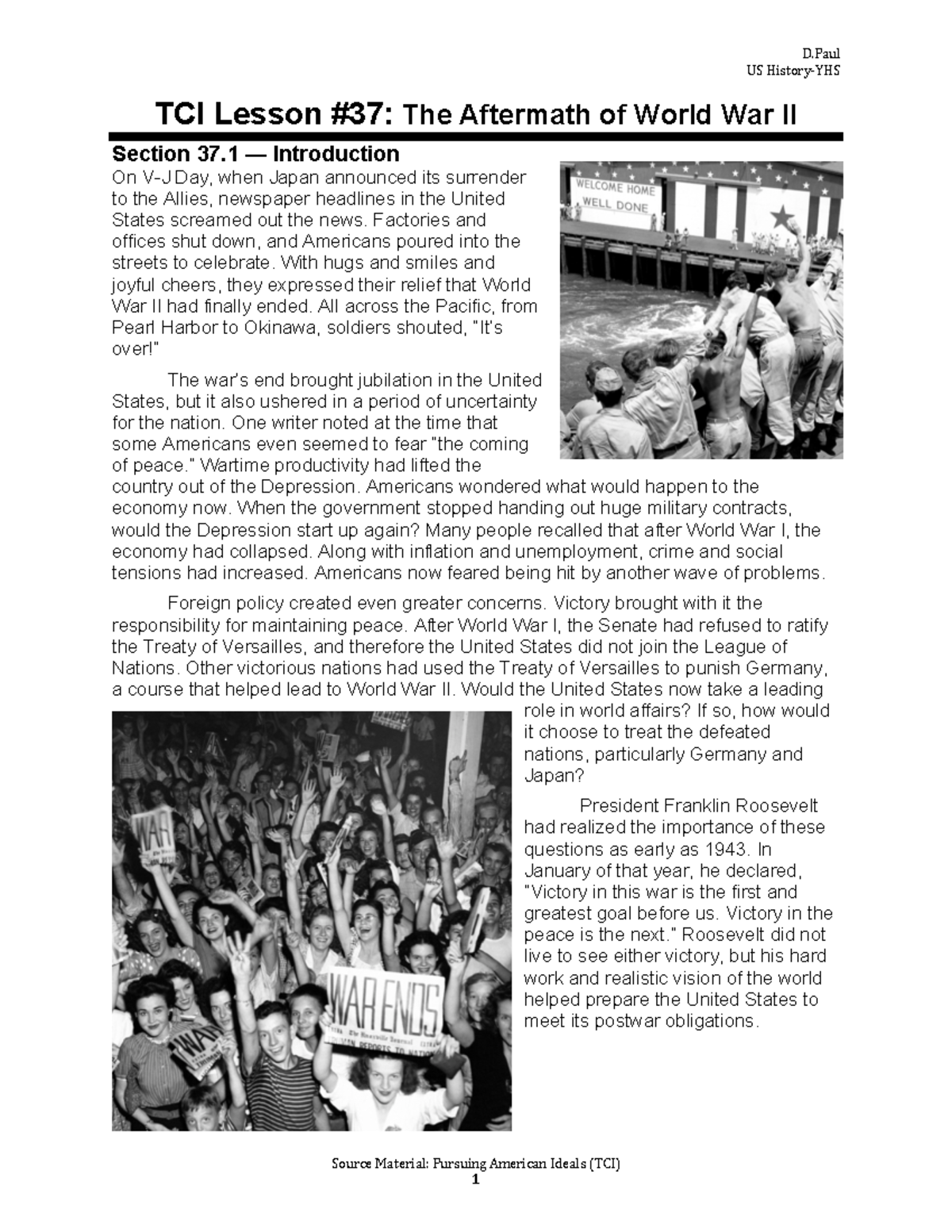 TCI Lesson #37: The Aftermath of WWII - Impacts on US History YHS - Studocu