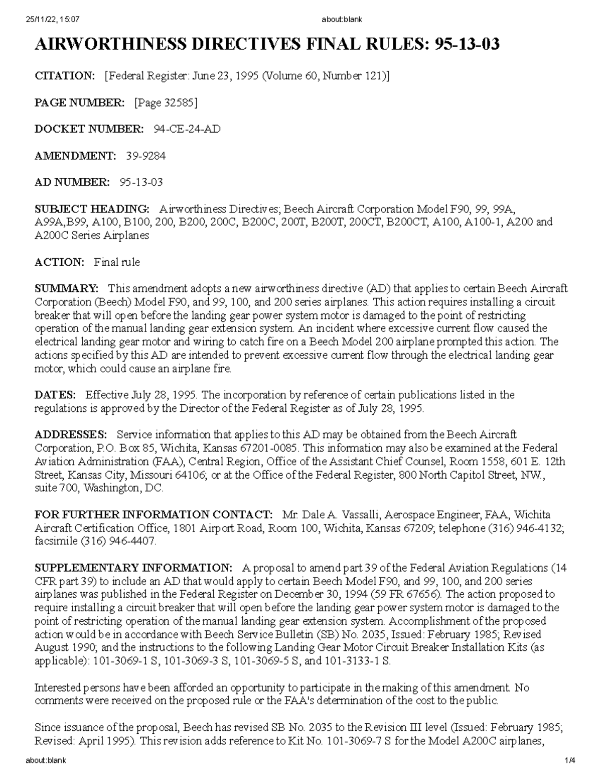 95-13-03 - Final Rule on Airworthiness Directives for Beech Aircraft ...