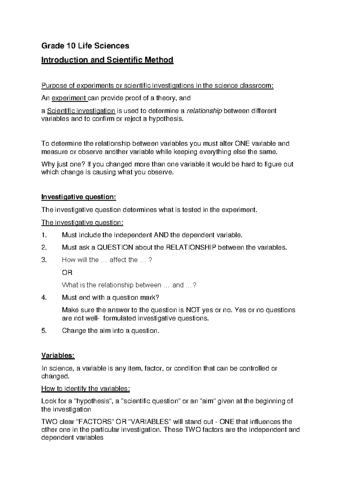 LS GR 10 Introduction to Scientific Method & Experiments (2021) - Studocu