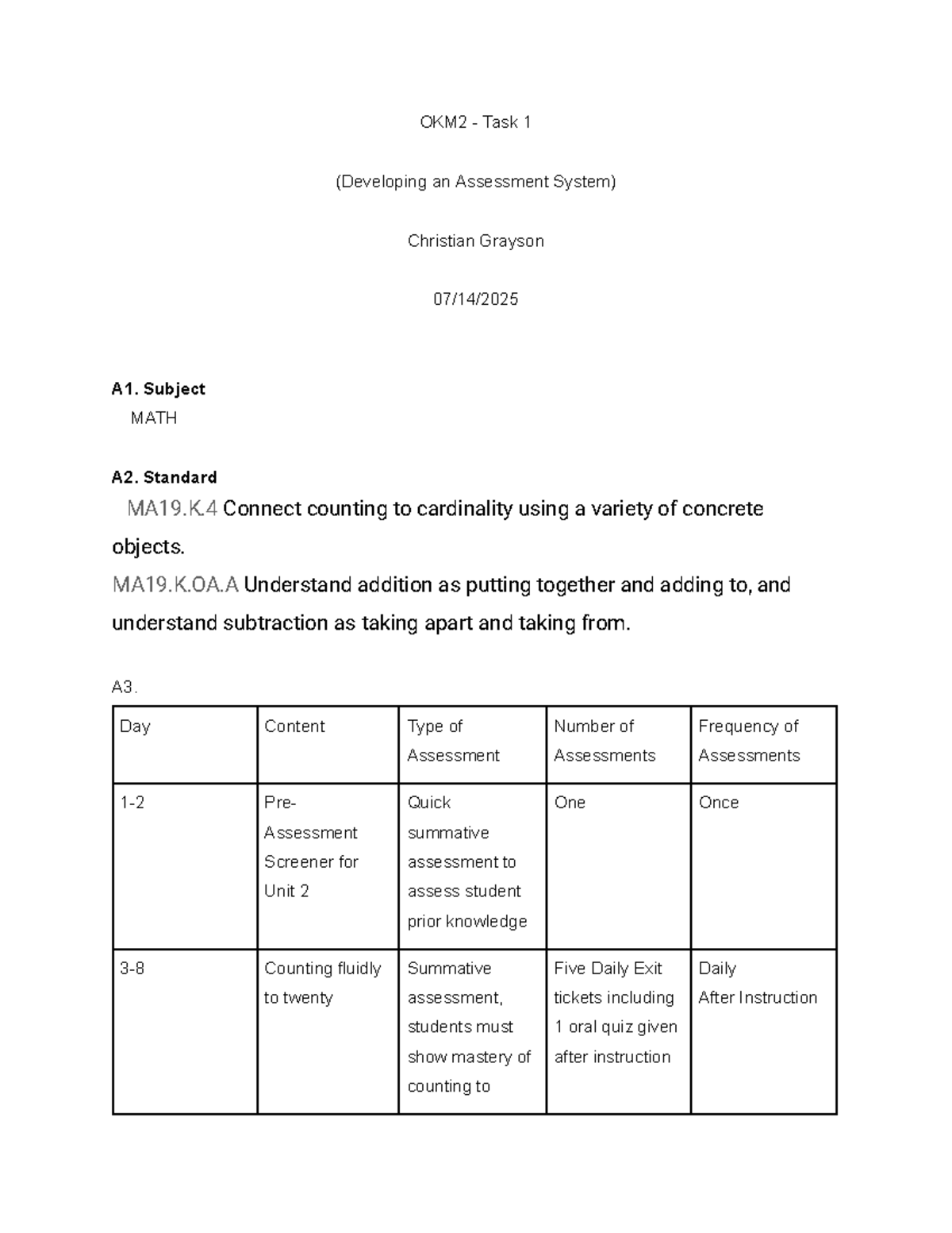 OKM2 Task 1 - Developing an Assessment System for Kindergarten Math ...