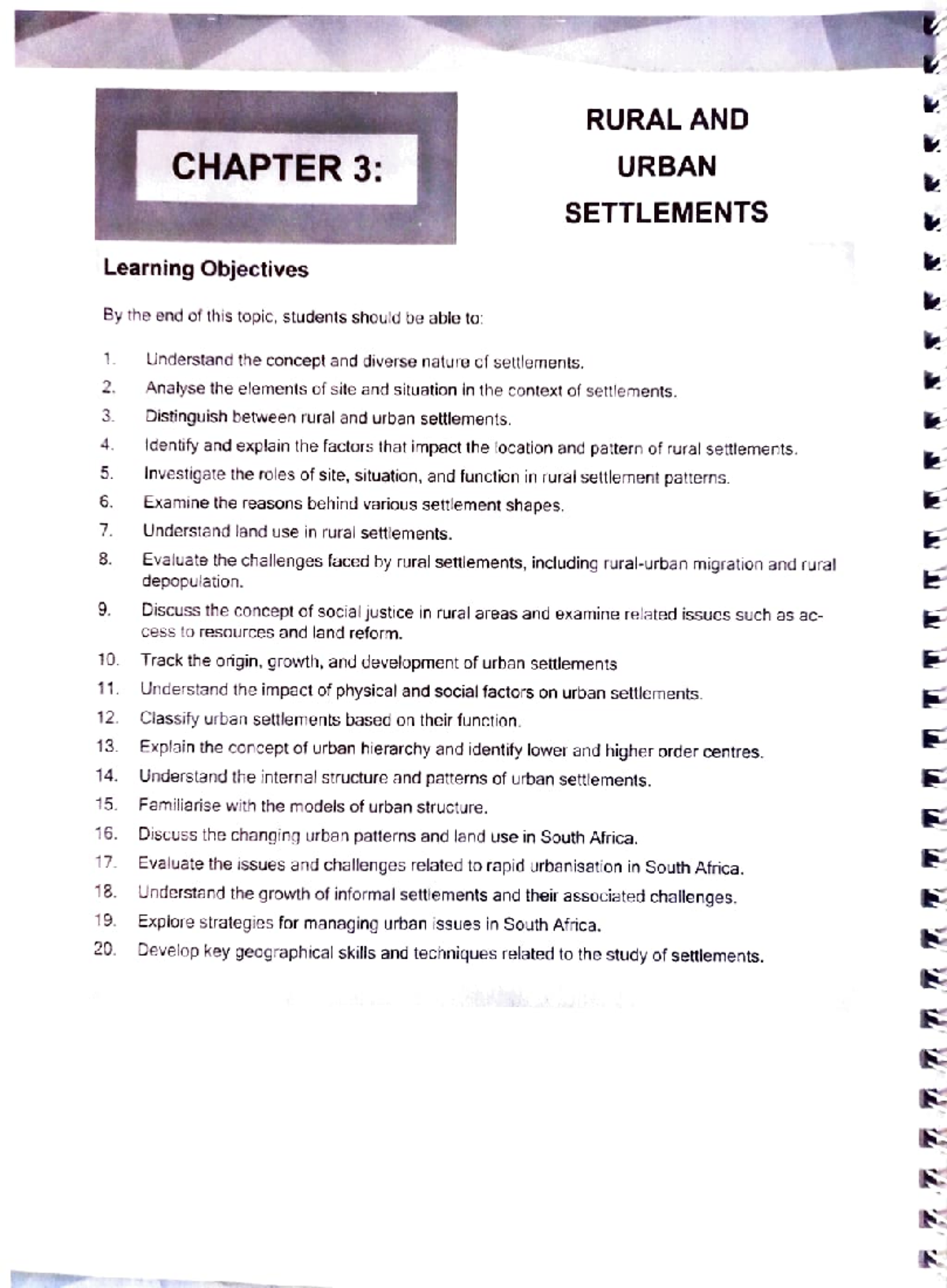 GRD 12 GEO - Lesson Plans for Rural and Urban Settlements (Chapter 3 ...