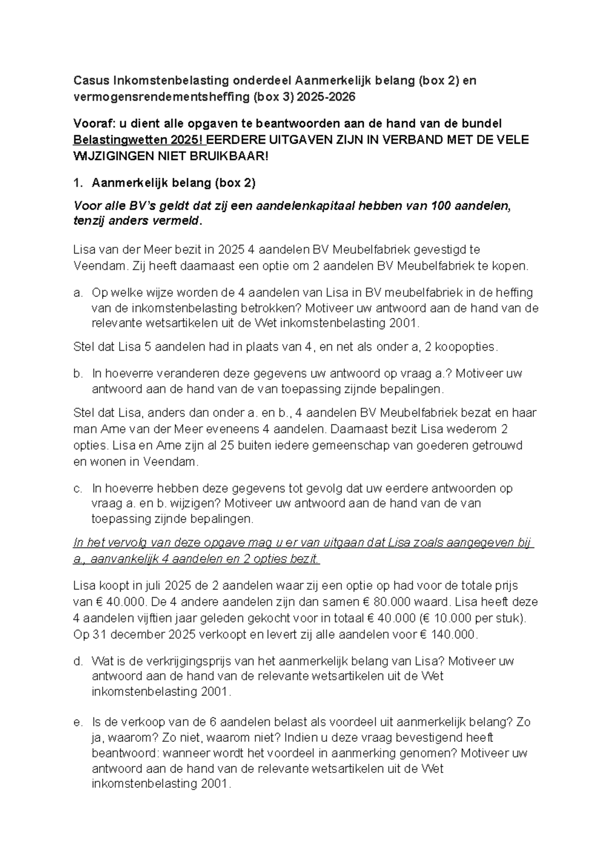 Opgaven Inkomstenbelasting Box 2 en Box 3 (2025-2026) - Studeersnel