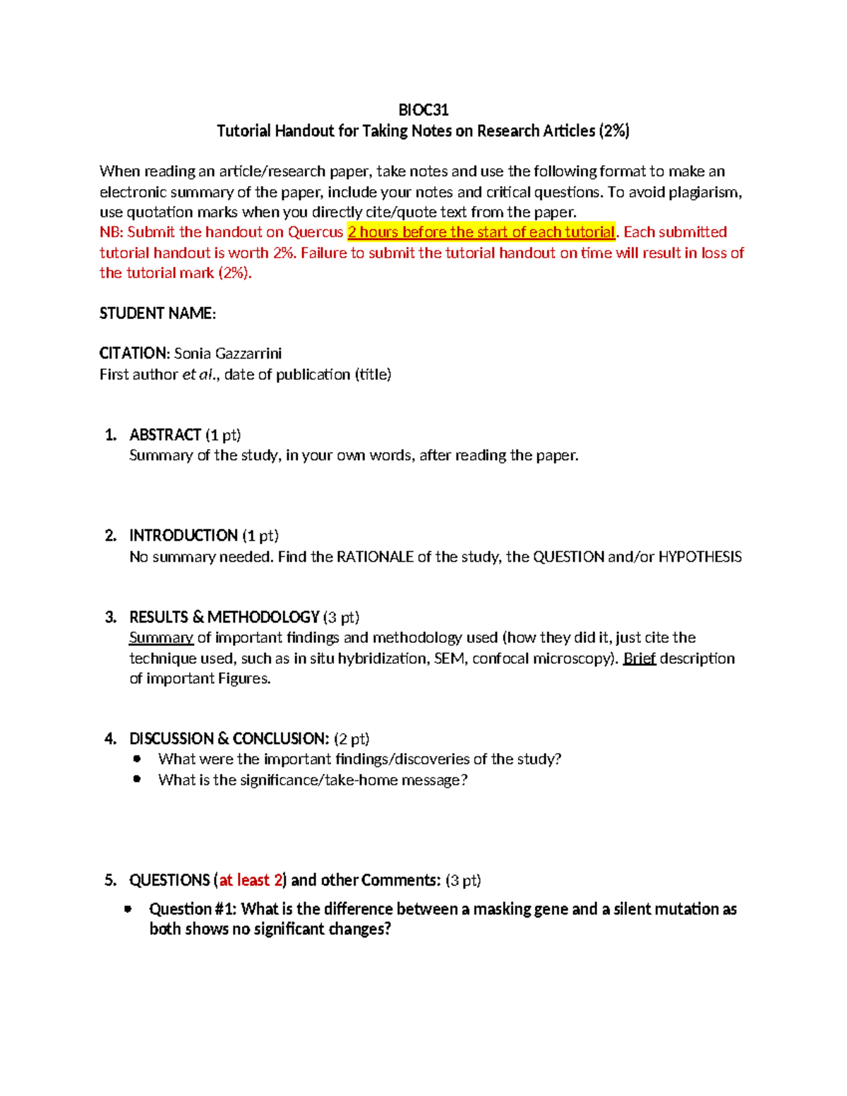 Tutorial Handouts 9 - BIOC Tutorial Handout for Taking Notes on ...