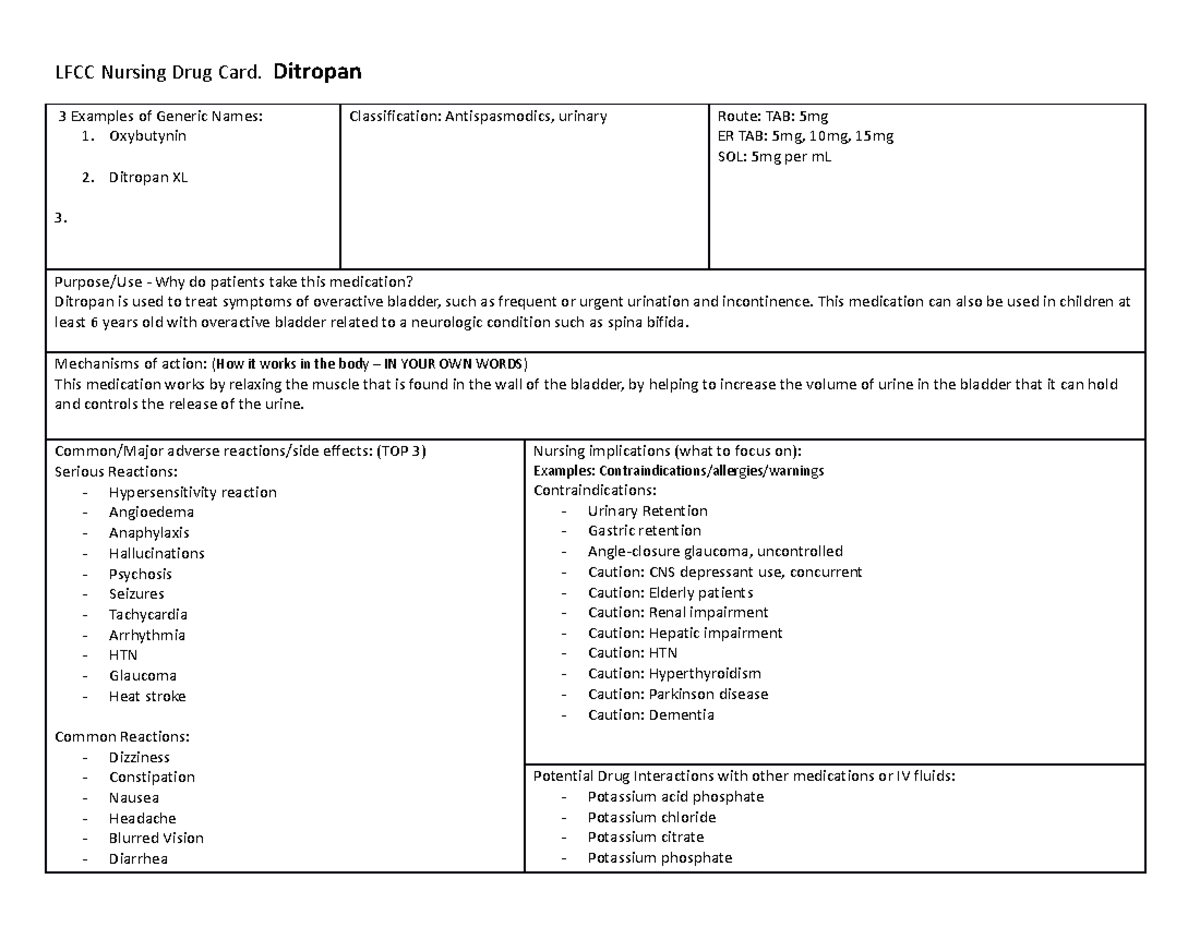 Ditropan - drug cards - LFCC Nursing Drug Card. Ditropan 3 Examples of ...