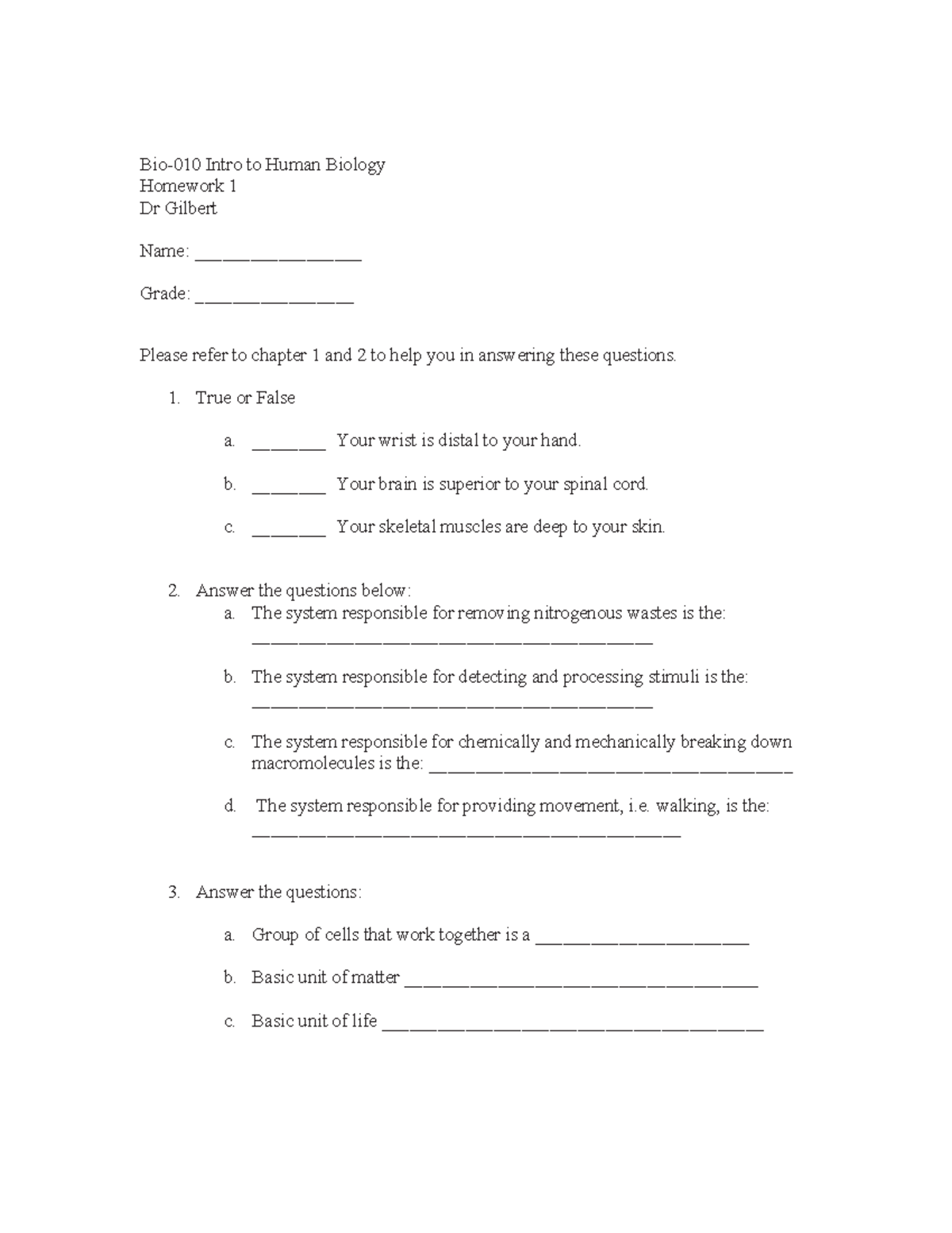 Bio-010 Intro to Human Biology Homework 1: Concepts & Questions - Studocu